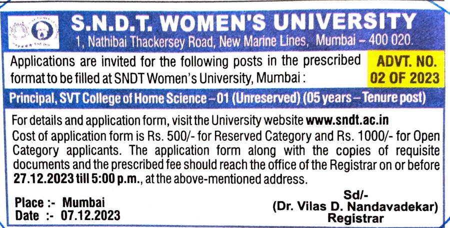 Advertisement No. 02 of 2023 for the Post of Principal, SVT College of Home Science, SNDTWU - SNDT
